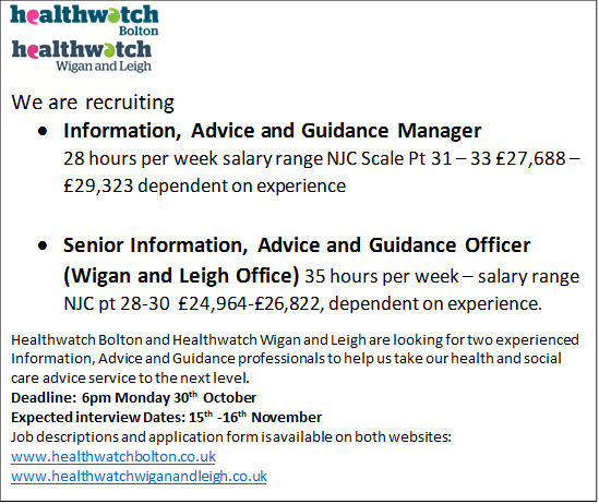 Healthwatch Bolton and Healthwatch Wigan and Leigh are recruiting ...